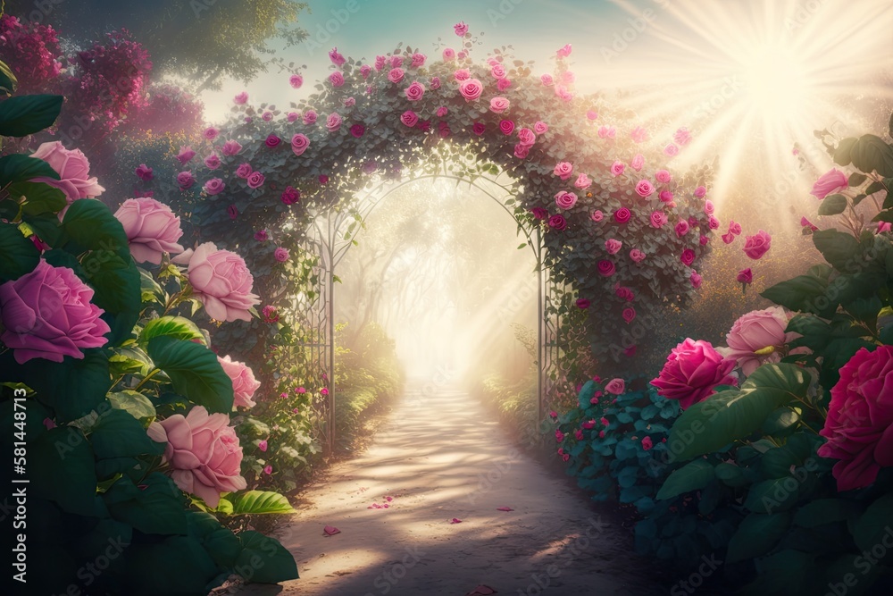 Fantasy pink Roses Flowers bloom and Road leads forward in Fabulous ...