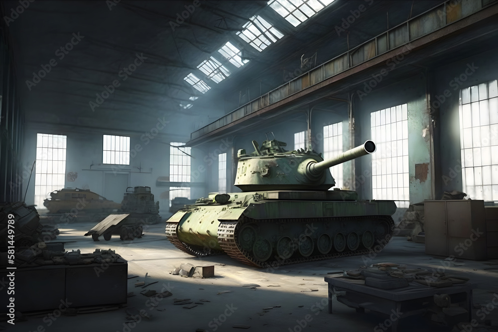 battle tank at a military base in a hangar, an industrial plant. Neural ...