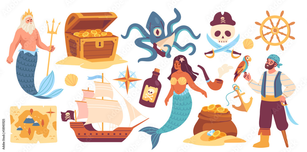 Pirate sticker set. Colorful patches with mermaid, neptune, treasure ...