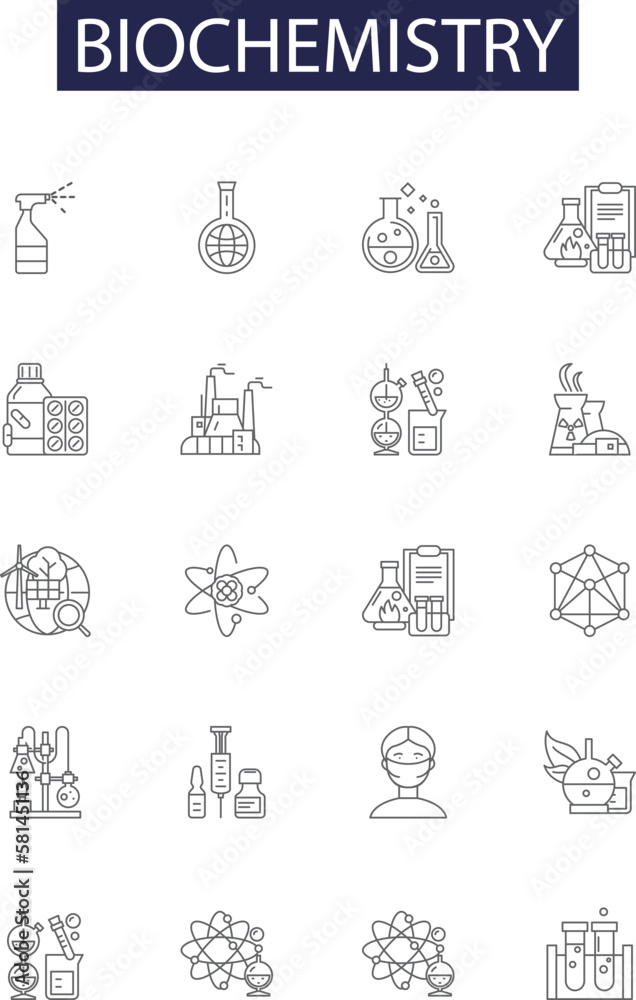 Biochemistry line vector icons and signs. Metabolism, Enzymes, Proteins ...