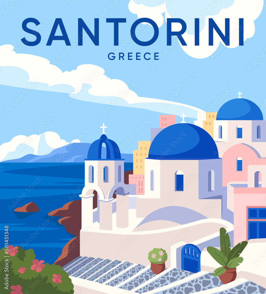 Colorful travel poster. Mediterranean Greek architecture with white ...