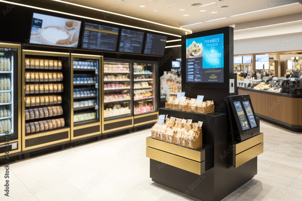 a modern retail store with digital displays and self-checkout machines ...