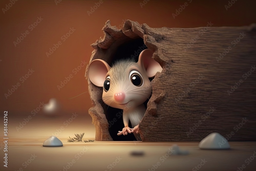 Cute Cartoon Mouse Peeking out of a Hole in the Wall (Generative AI ...