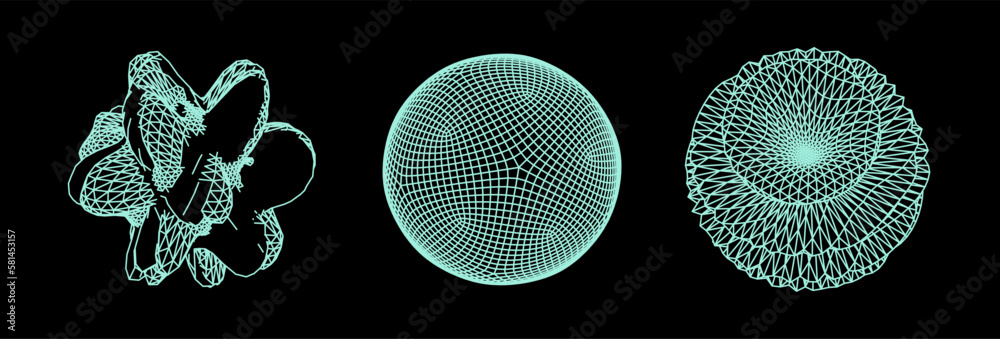Set of abstract vector spheres and blobs made of mesh. Parametric ...
