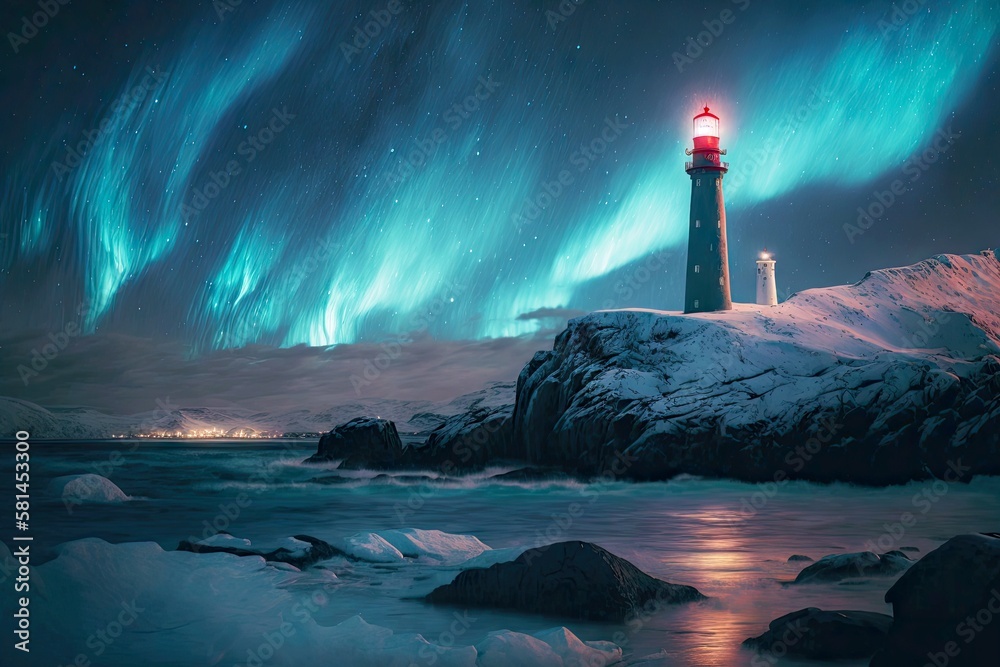 lighthouses to north in snowy valley against backdrop of beaful ...