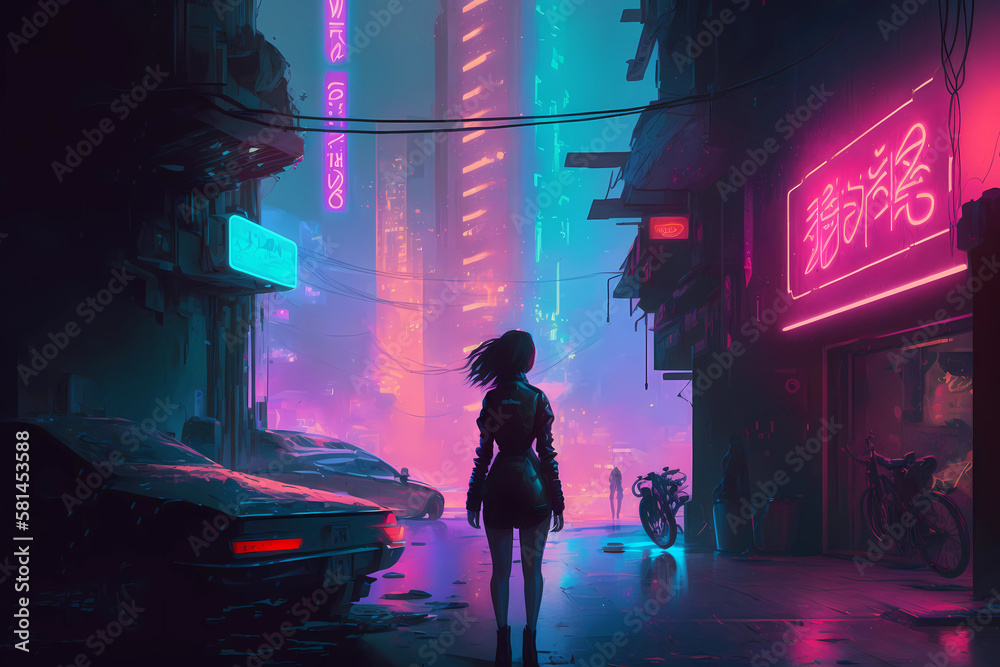 Cyberpunk girl in neon futuristic city. Cyber punk game concept ...