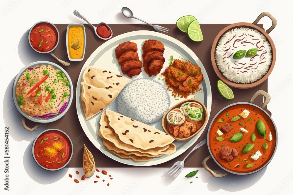 Typical curry set meal of meals south India with Chicken Tandoori ...