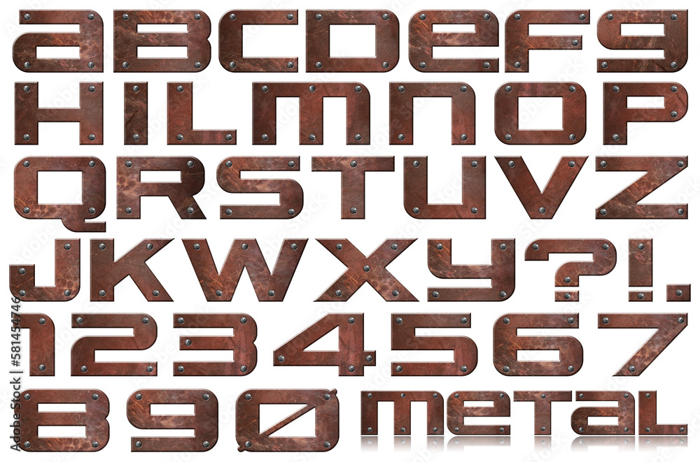 Metal alphabet letters and numbers, with screws, isolated on white or ...