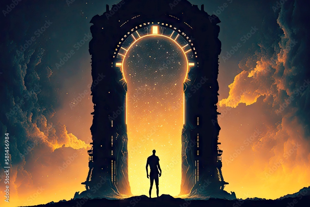 human silhouette standing front of time portal giant gate, created with ...