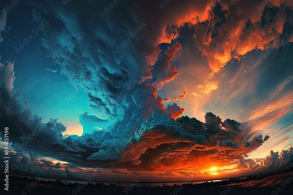 sunset at dusk with vivid clouds. Dramatic mood brought on by the sun ...