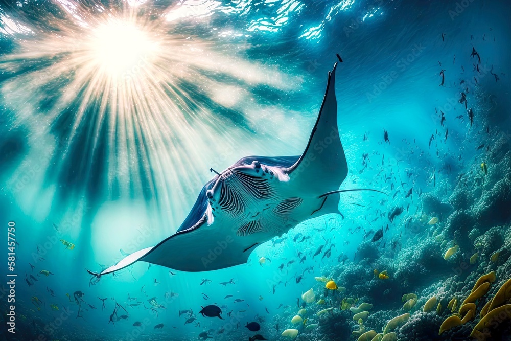 seabed manta ray in rays of sun on paradise islands, created with ...