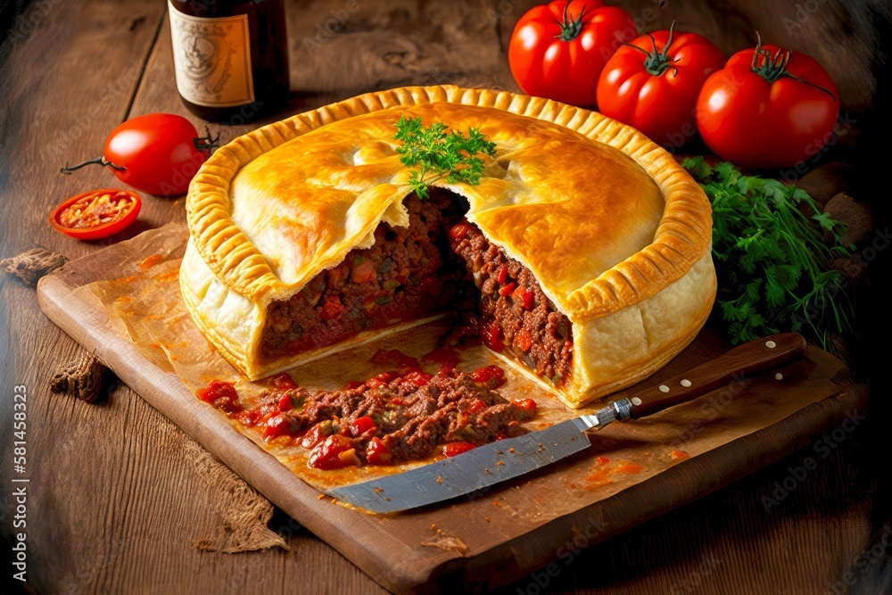 meat pie stuffed with choed beef with tomatoes and cheese, created with ...