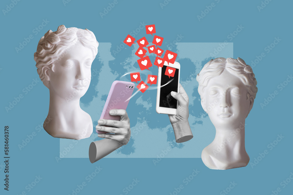 Antique statues holding mobile phones in their hands send like symbols ...