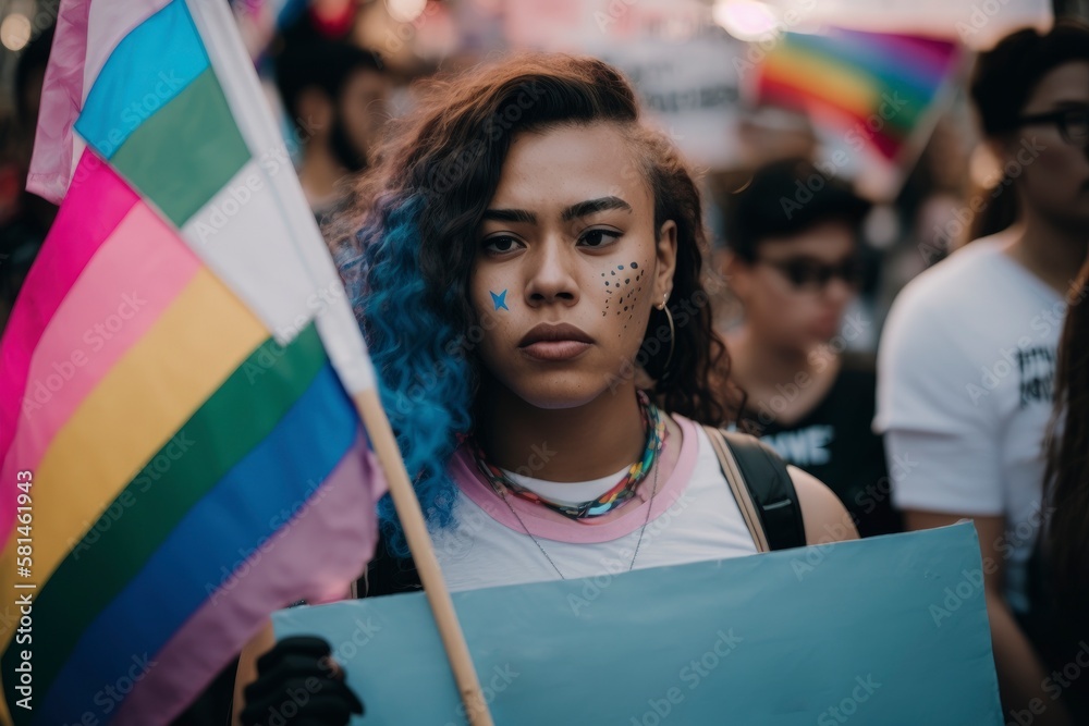 Transgender person with flag in the middle of crowd. Generative ai ...