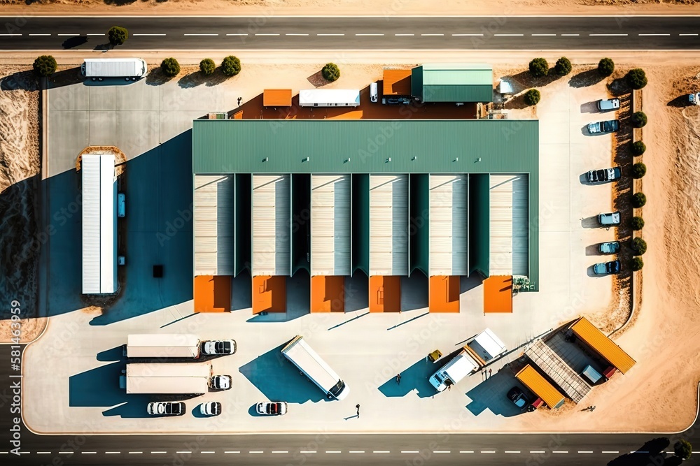 Aerial view of goods warehouse. Logistics center in industrial city ...