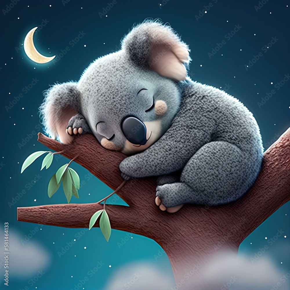 Cute baby koala sleeping at tree at night. Adorable coala on background ...