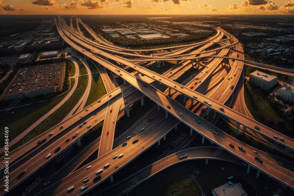 Aerial view omassive highway intersection, stack interchange with ...