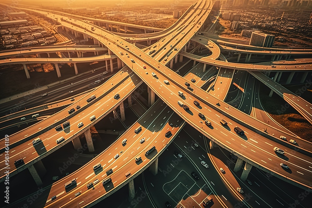 Aerial view omassive highway intersection, stack interchange with ...