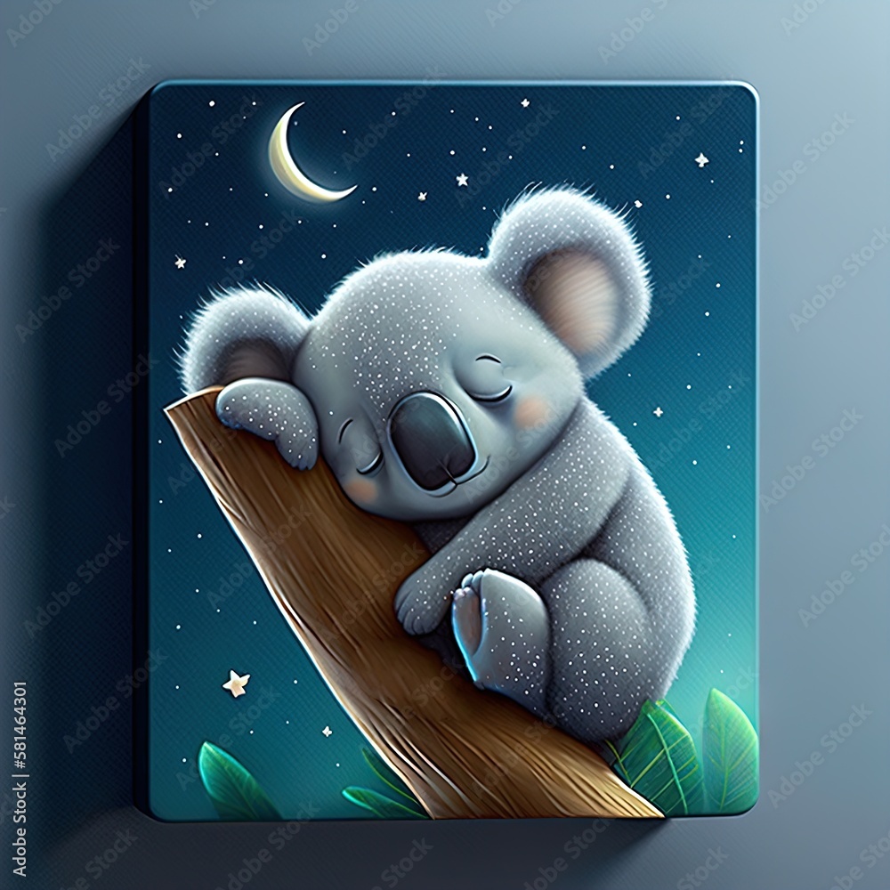 Cute baby koala sleeping at tree at night. Adorable coala on background ...