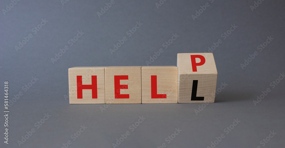 Help vs Hell symbol. Turned wooden cube with words Hell and Help ...