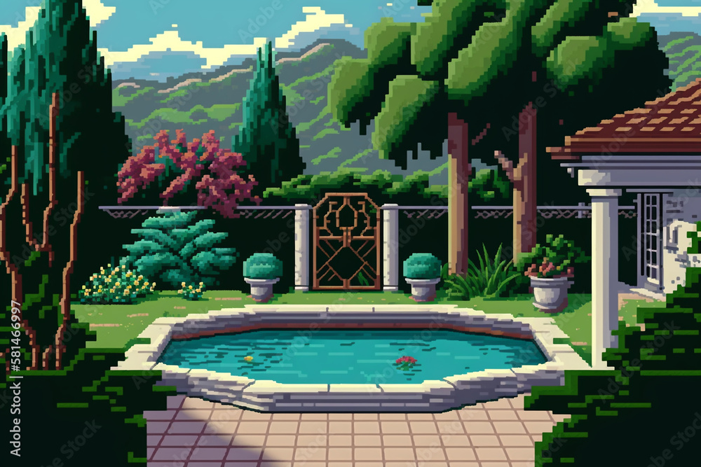 Pixel art game background with pool, backyard and lush garden ...