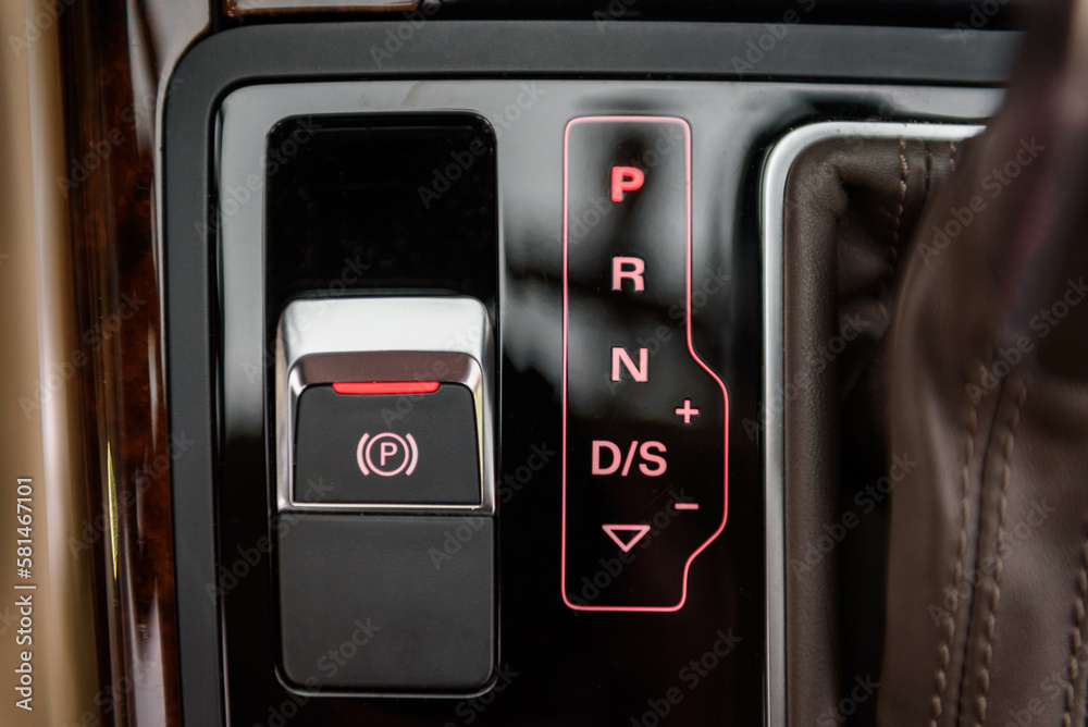 Electronic handbrake button. Gear shift stick into P position, (parking ...
