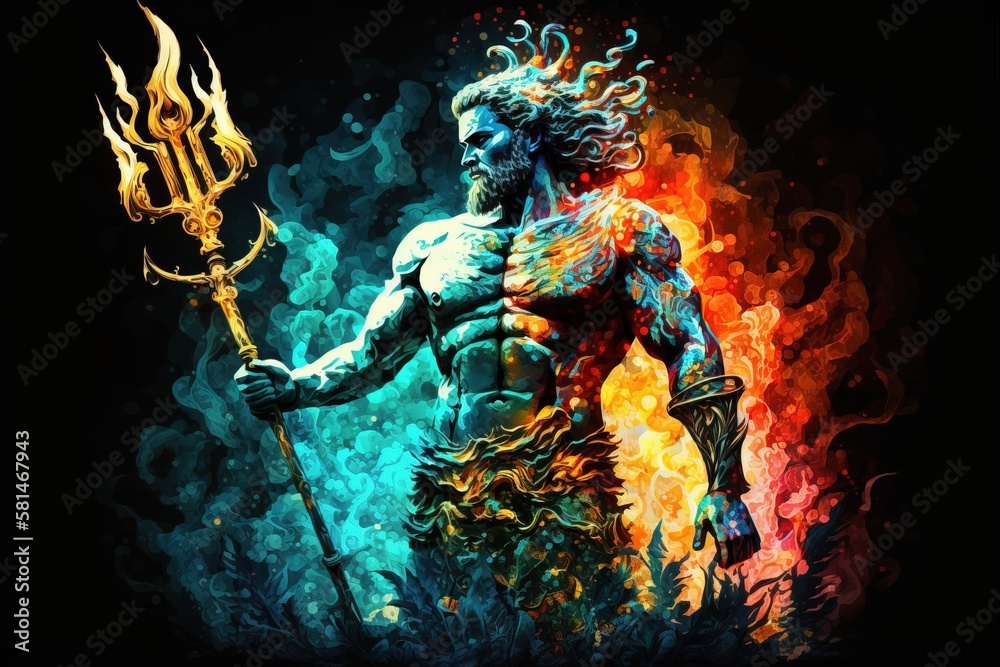 An illustration of Poseidon, the Greek god of the seas, or Neptune for ...