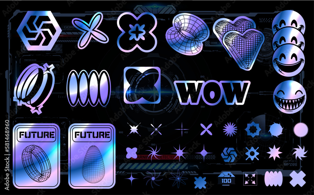 Vintage holographic y2k styled sticker and graphic elements. Modern 90s ...