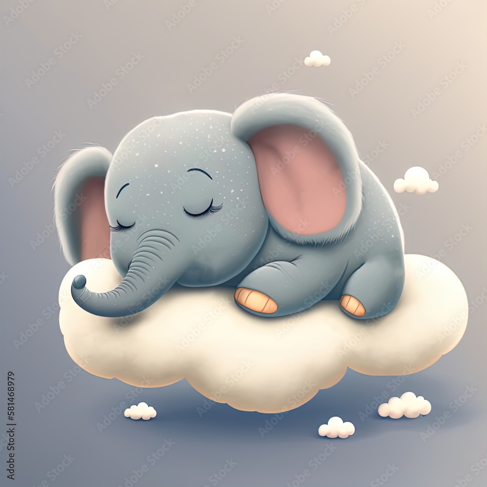 Cute baby elephant sleeping on clouds. Adorable elephant napping ...