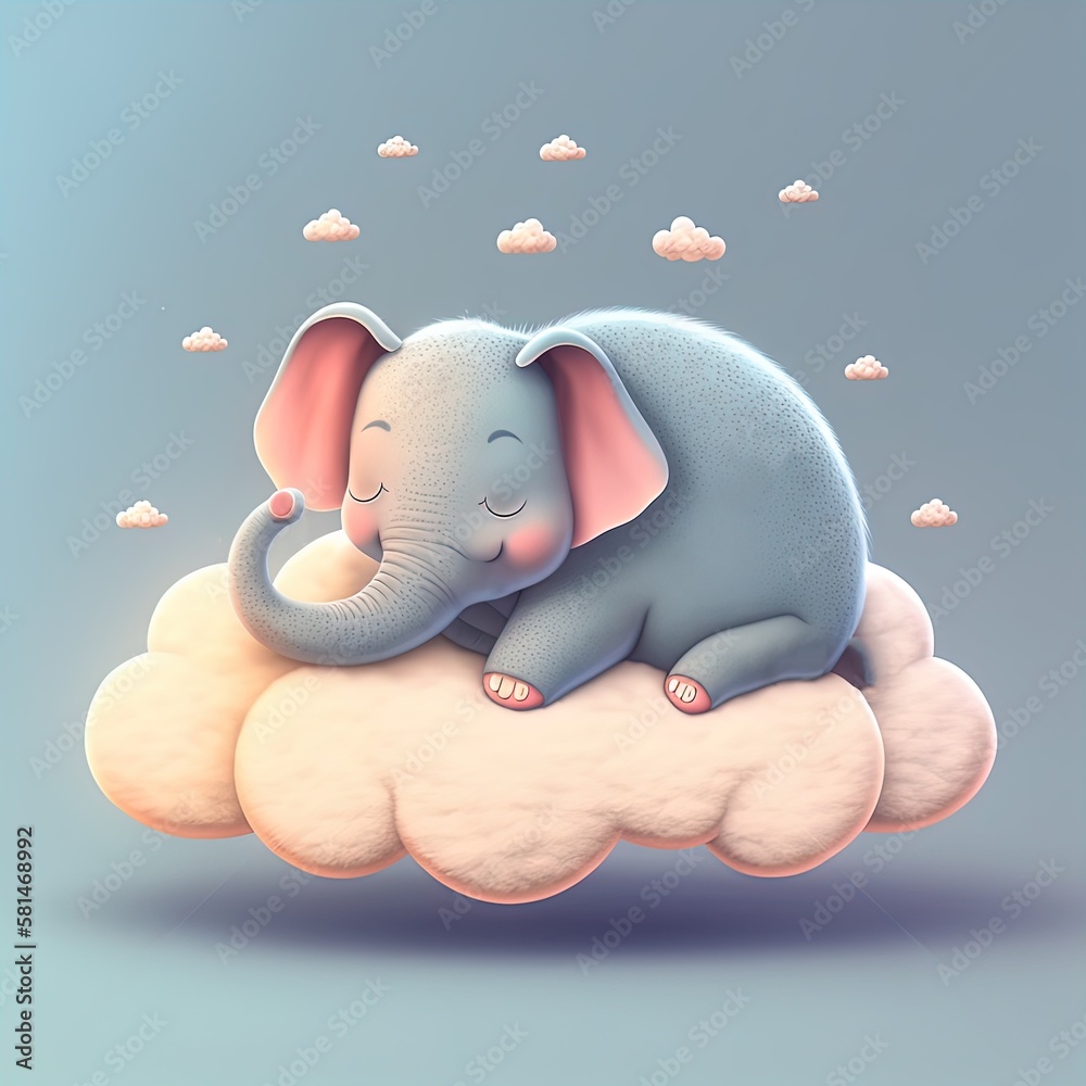 Cute baby elephant sleeping on clouds. Adorable elephant napping ...