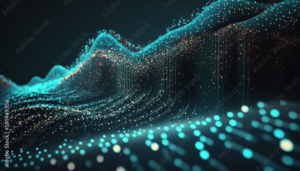 Data technology futuristic illustration. Wave of bright particles ...