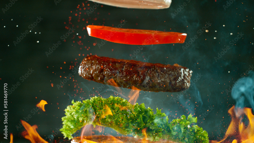 Photo & Art Print Beef Burger Ingredients Falling and Landing in the ...