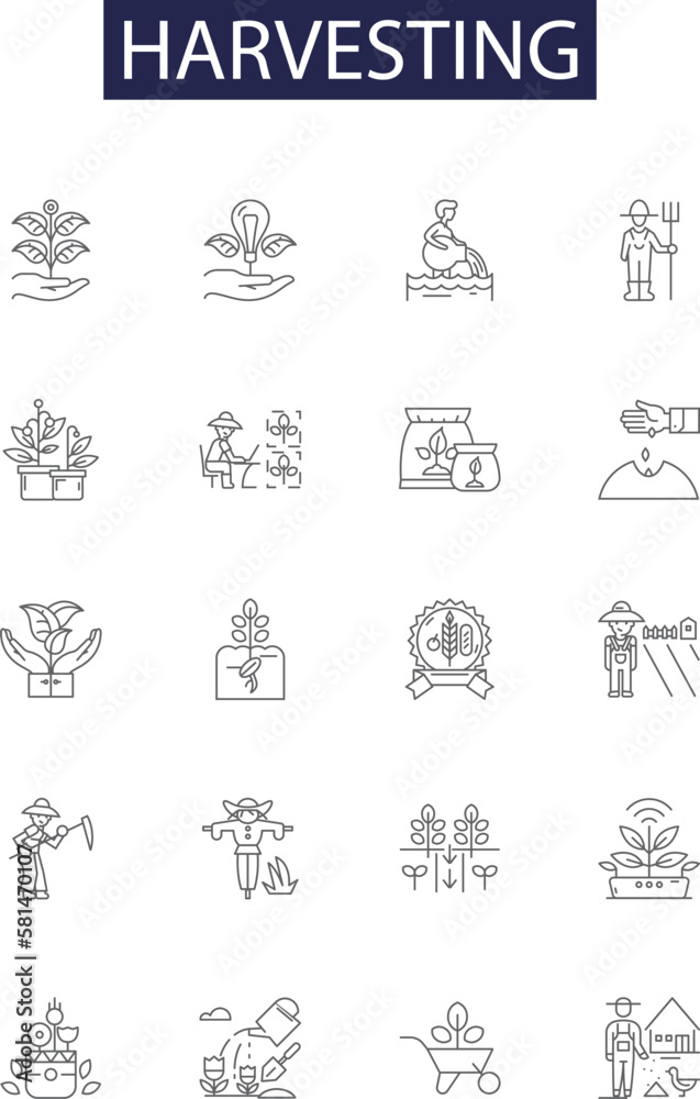 Harvesting line vector icons and signs. Reap, Crop, Collect, Pluck ...