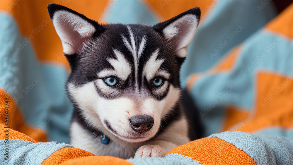 sleepy young husky puppy with blue eyes laying on a warm orange quilt ...