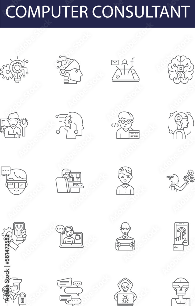 Computer consultant line vector icons and signs. Consultant, IT ...