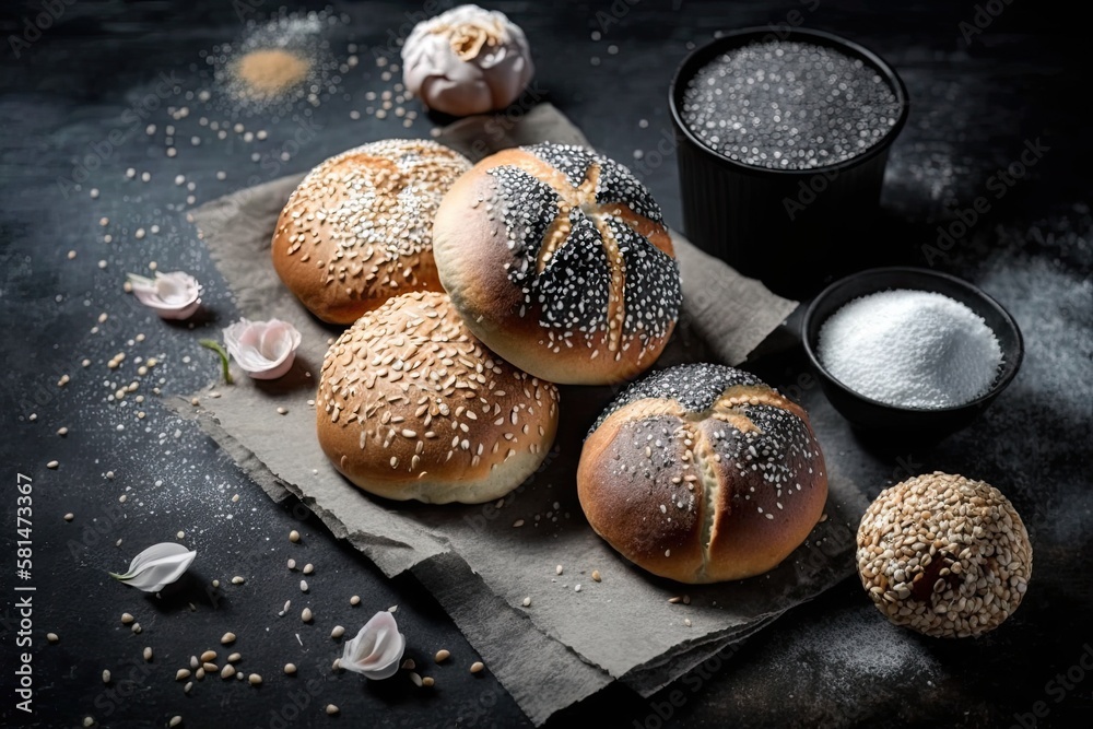 Bakery buns on a black stone background with jam, cottage cheese, poppy ...
