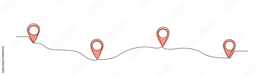One line map point location symbols on route. GPS navigation line track ...