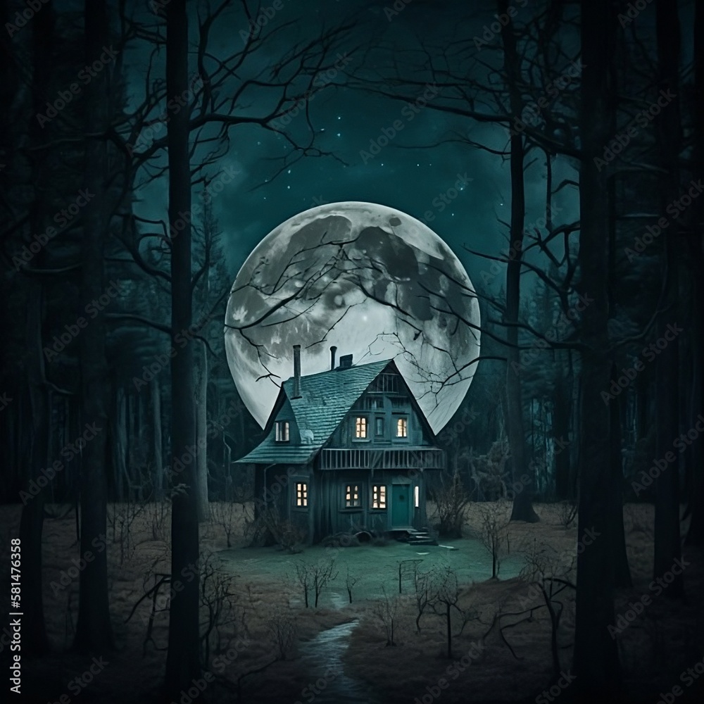 haunted house in a forest with trees at night Stock Illustration ...