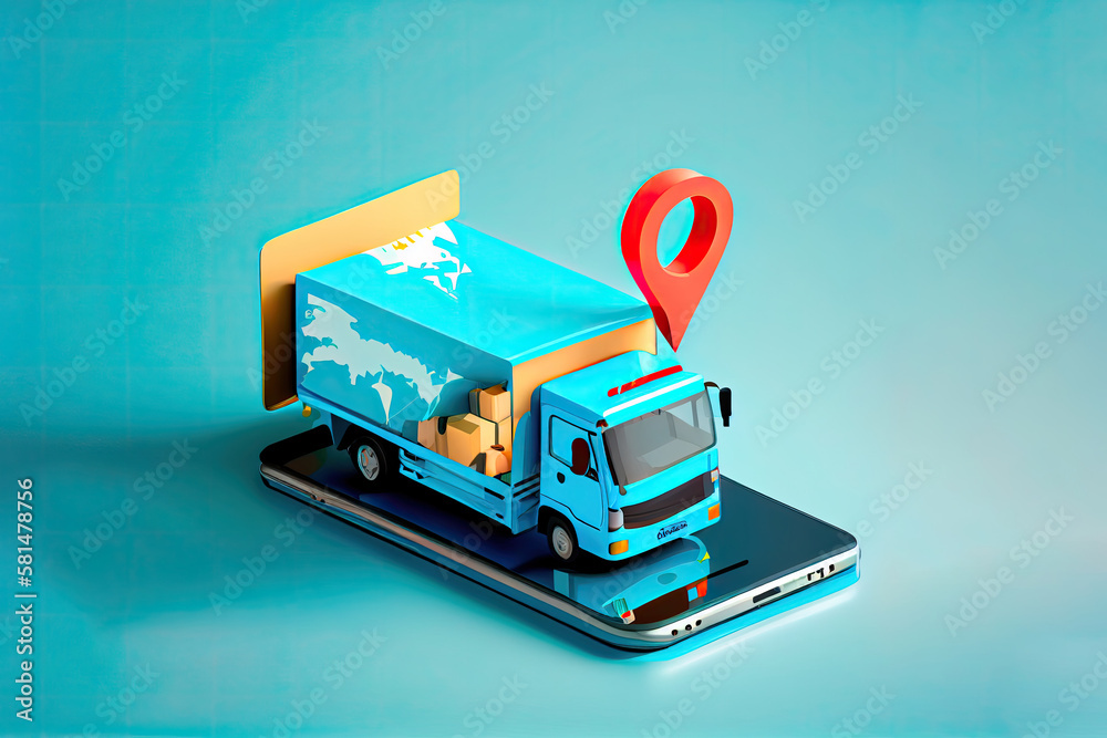 Blue delivery car deliver express and Pin pointer mark location ...
