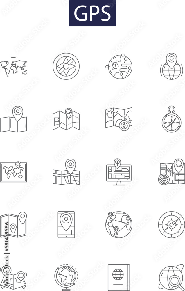 Gps line vector icons and signs. Positioning, System, Navigation ...