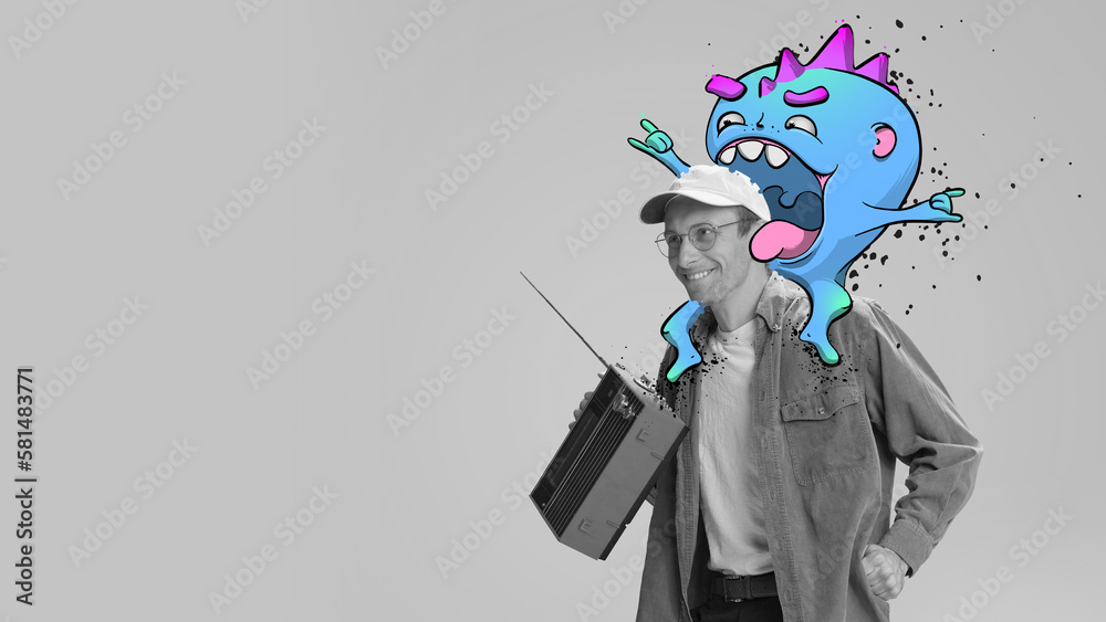 Contemporary art collage. Black and white image of smiling man with ...