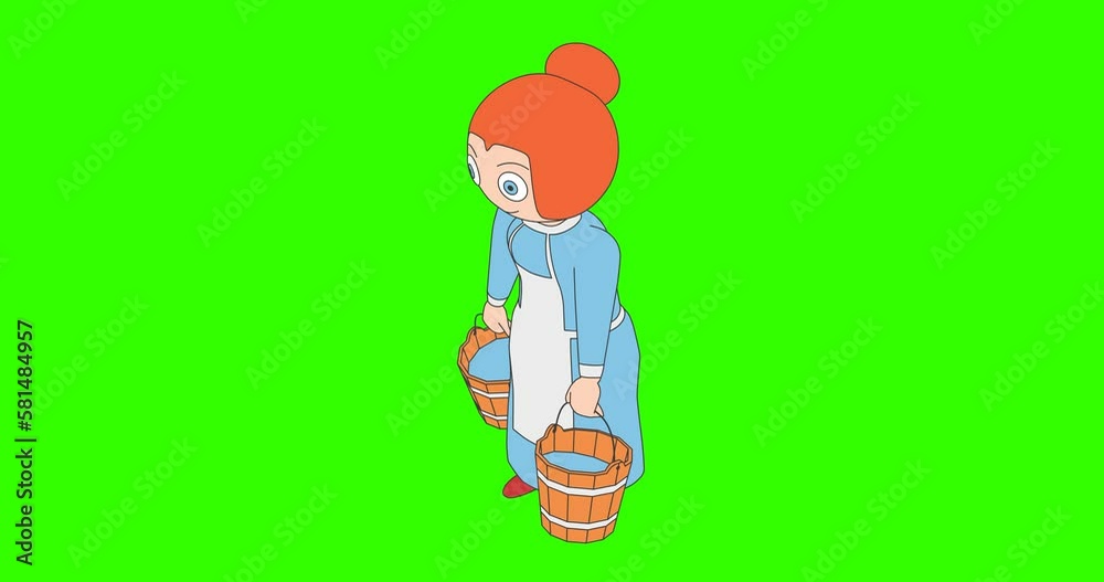 Cartoon woman is carrying buckets with water. Animation of a woman ...