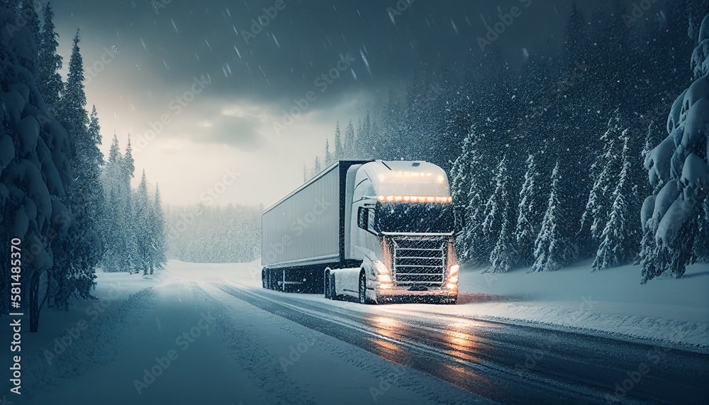 Truck stuck in the snow on a Finnish winter road. Highway with a ...