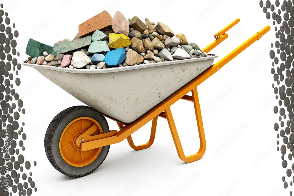 three-wheeled construction wheelbarrow filled with rubble isolated on ...