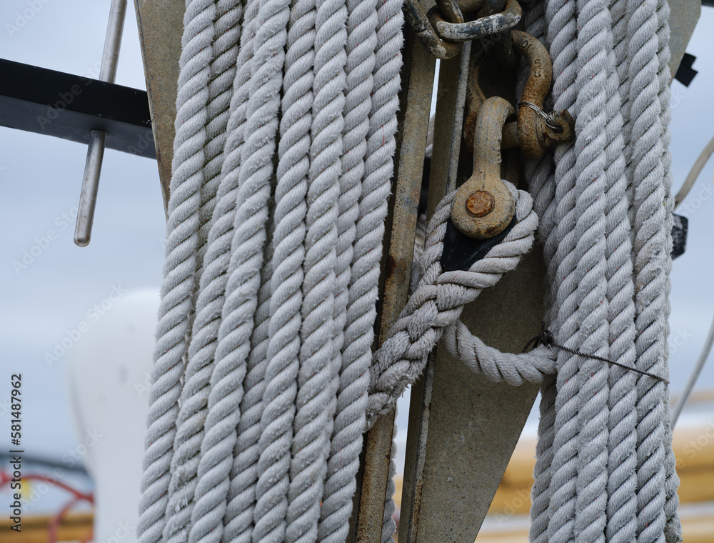Rope and tackle hanging on the masts of an old sailing vessel on the ...