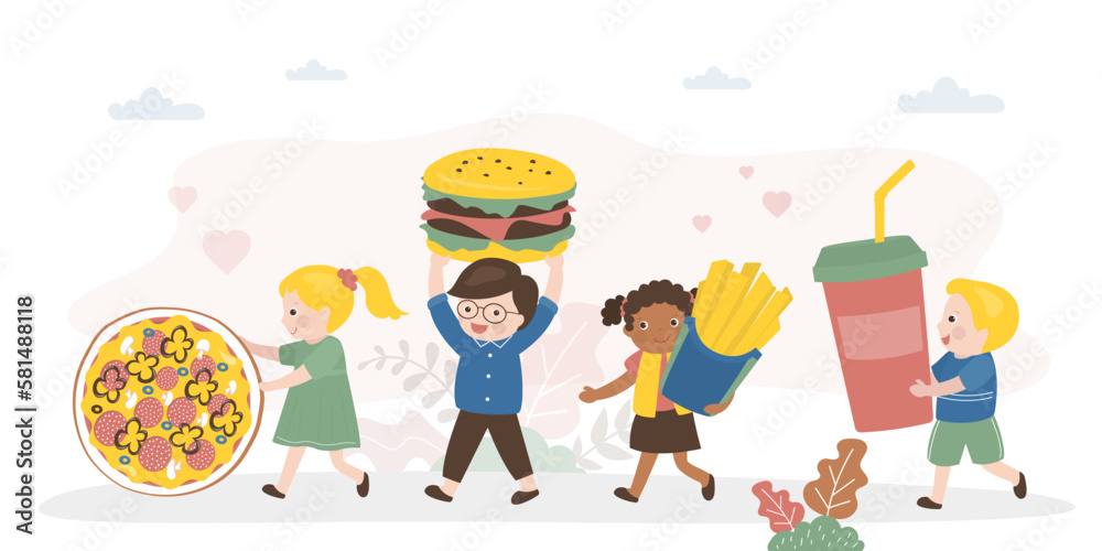 Group of hungry children carrying various junk food. Multiethnic kids ...