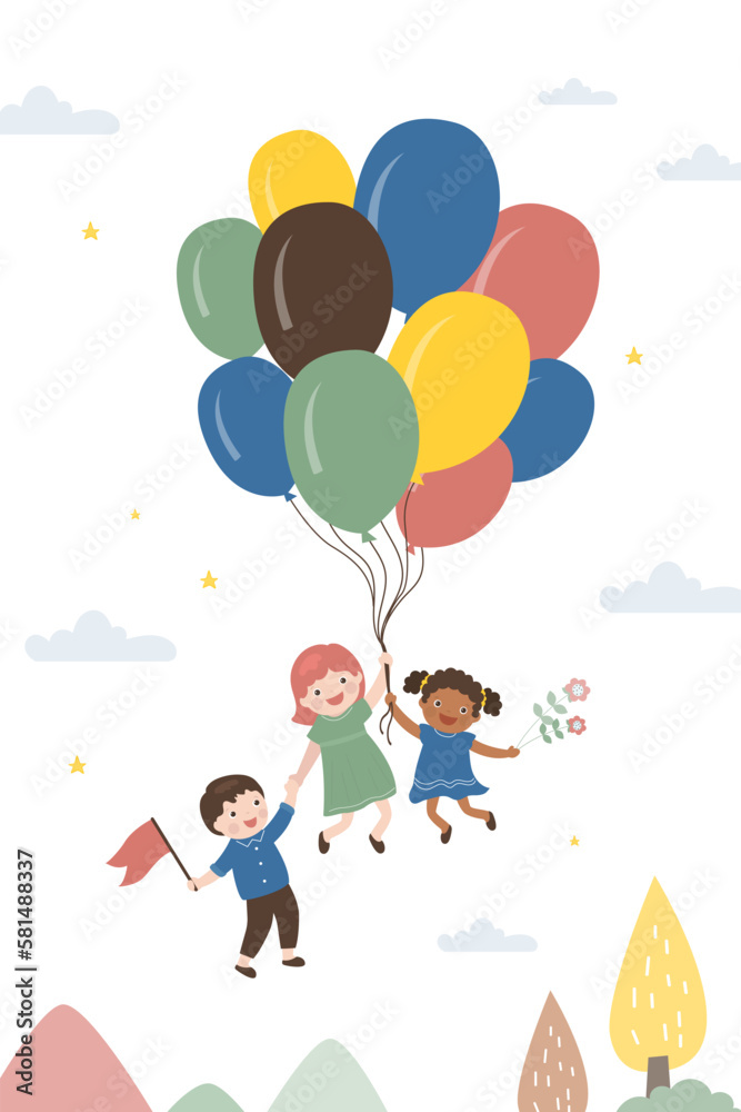 Group of funny kids flies on inflatable balloons through the sky ...