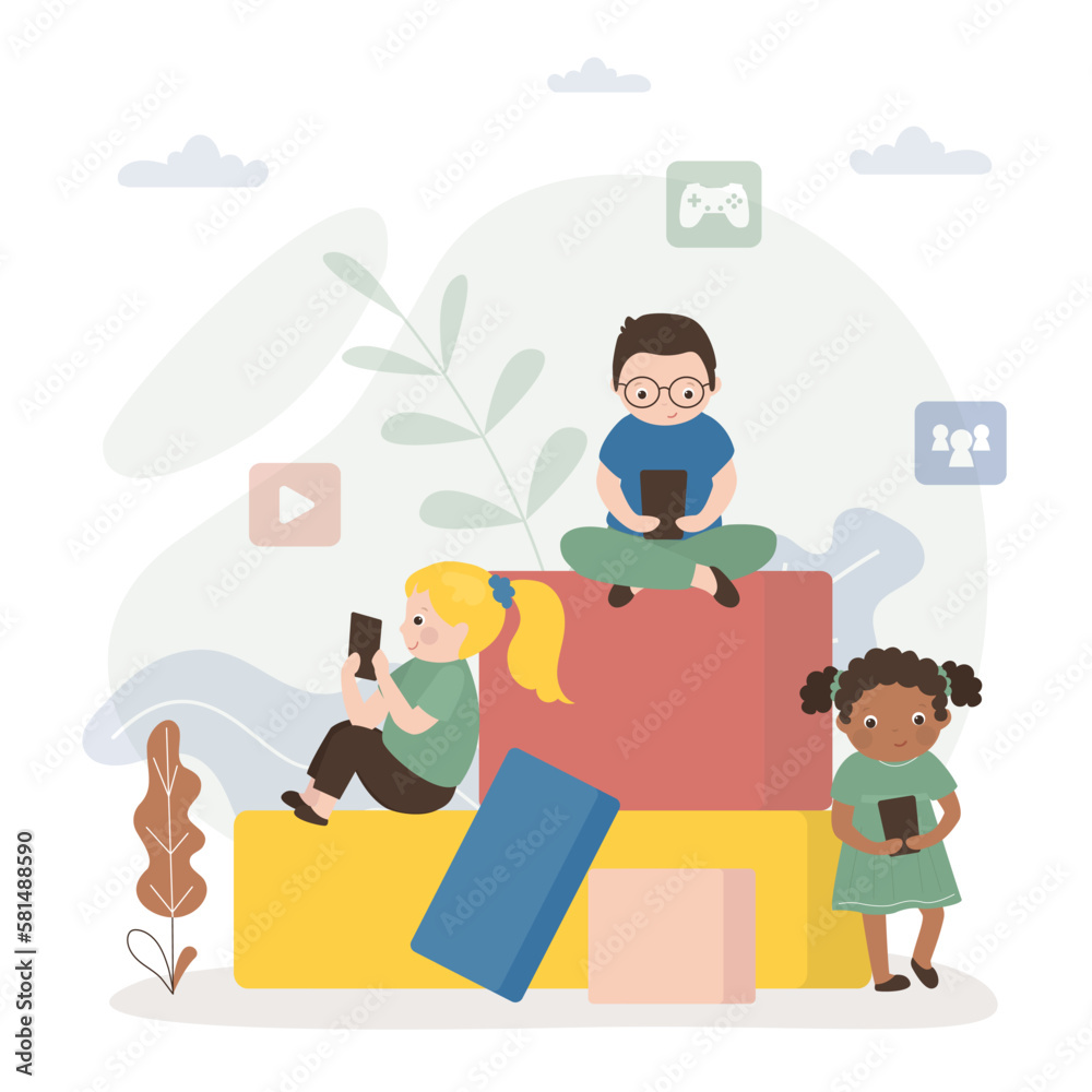 Cute children use smartphones. Preschoolers are holding mobile phones ...