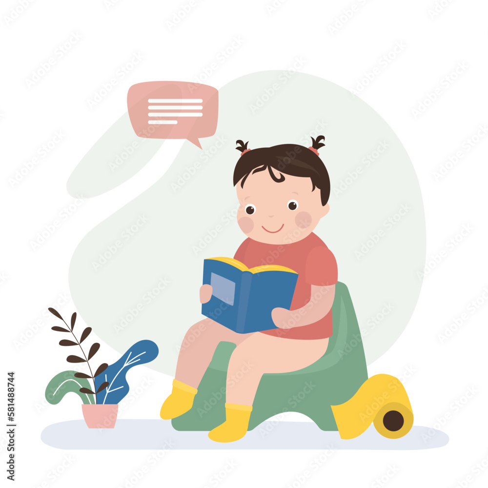 Vetor de Small caucasian child sits on a potty and read book, cute baby ...