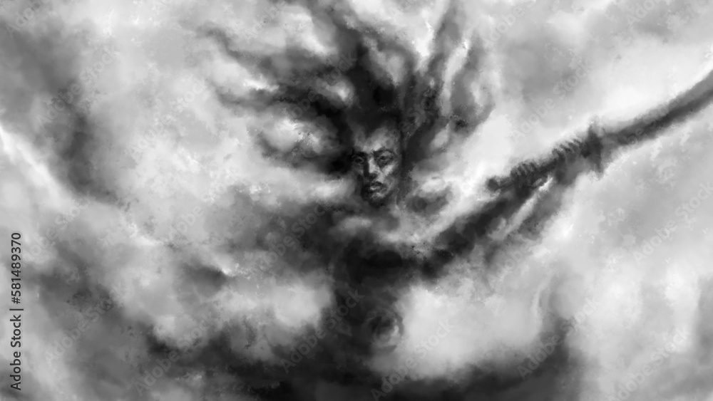 Devil woman warrior waving sword. Goddess of war. Horror fantasy ...